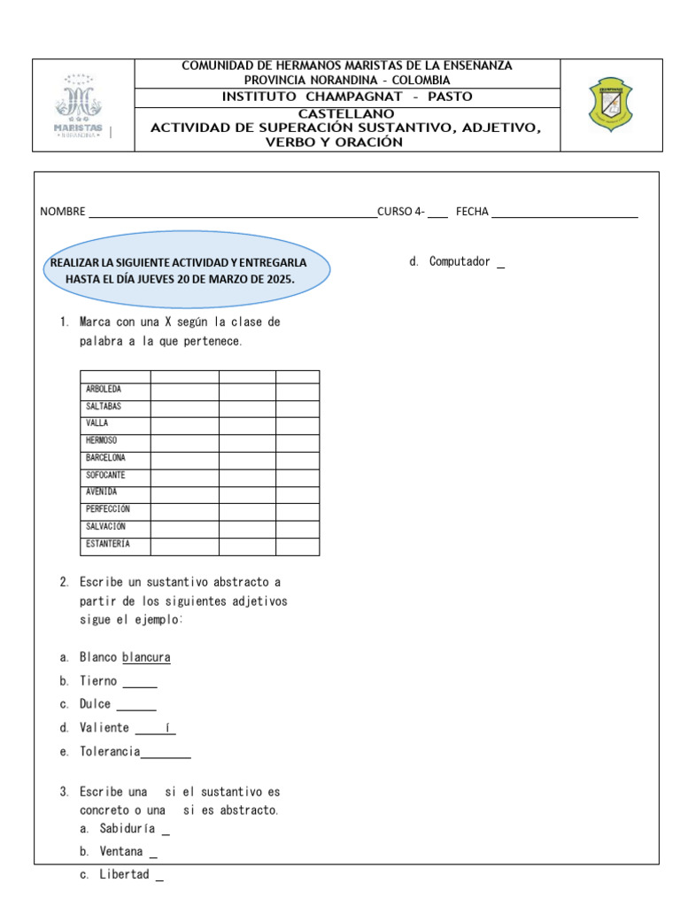 Superación Castellano 4 Sustantivo Adjetivo Verbo y Oración | PDF ...