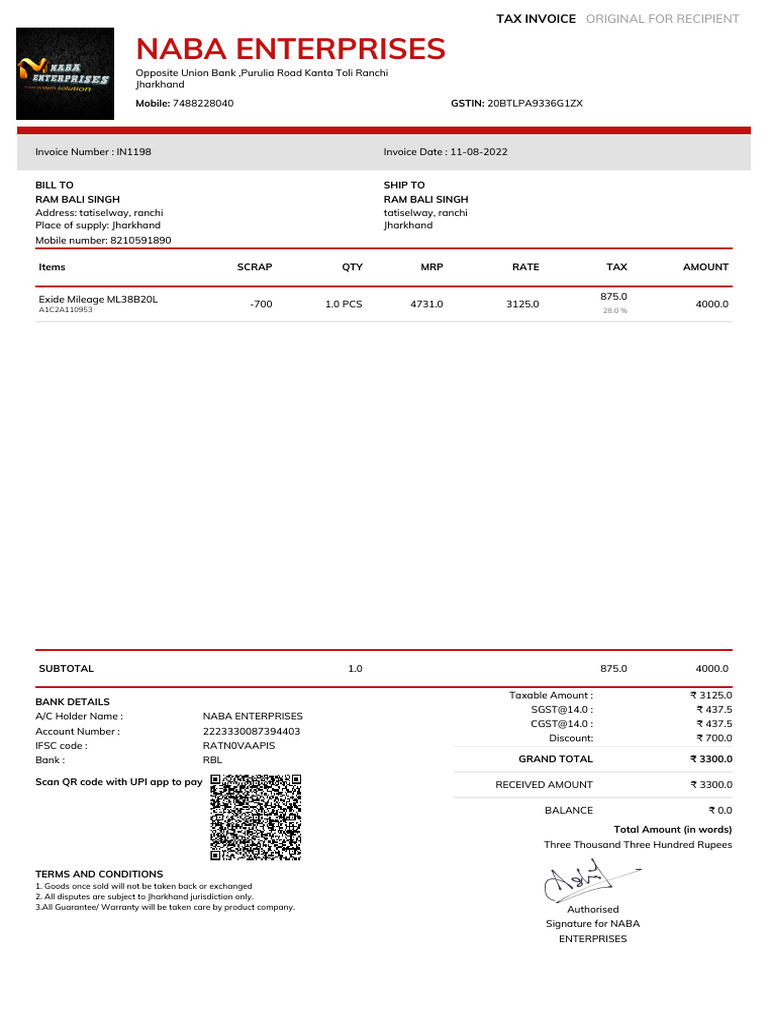 Car Battery RAM BALI SINGH - Invoice - IN1198 | PDF | Payments | Taxes