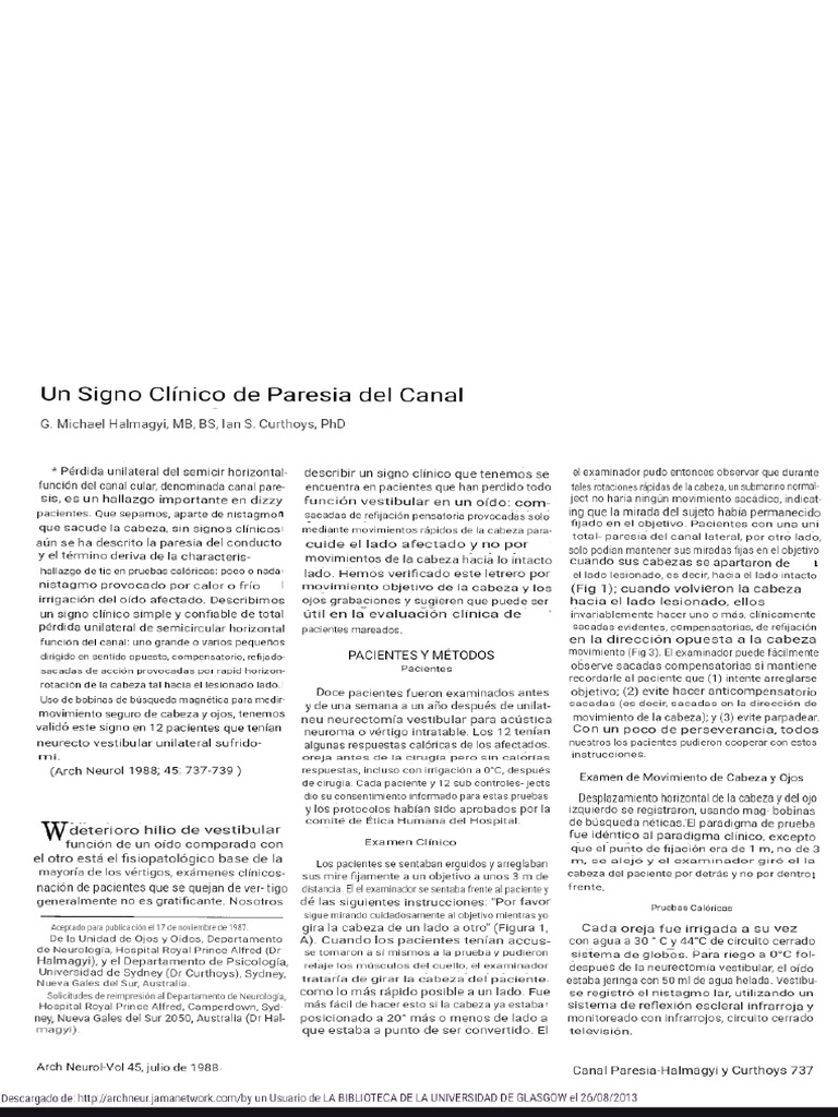 Halmagyi GM, Curthoys IS. A clinical sign of canal paresis. Arch Neurol ...