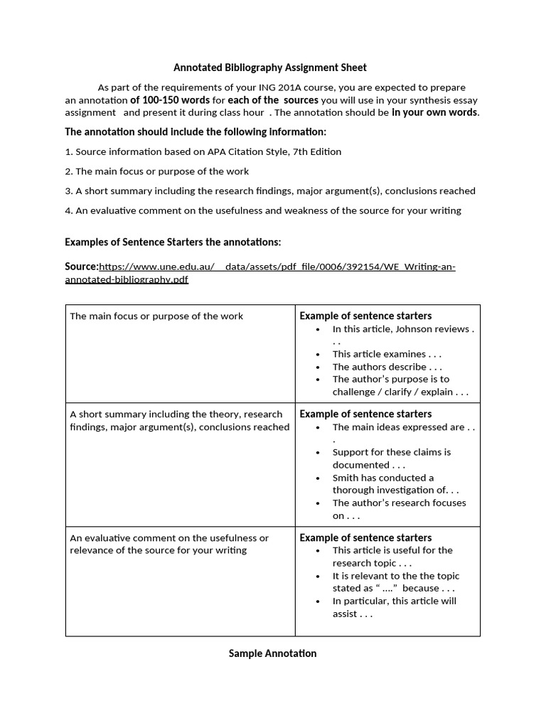Annotated Bibliography Assignment Sheet | PDF