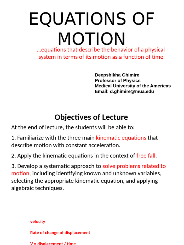 Equations of Motion | PDF | Velocity | Kinematics