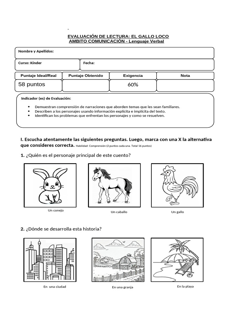 Prueba Lectura Complementaria El Gallo Loco 1 | PDF