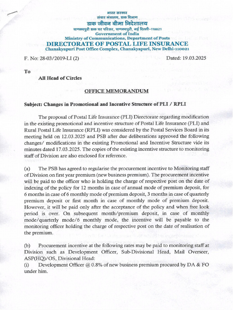 Changes in Incentive Structure of Monitoring Staff 28-03 2019-LI OM - (2) Dated 19-3-2025 | PDF