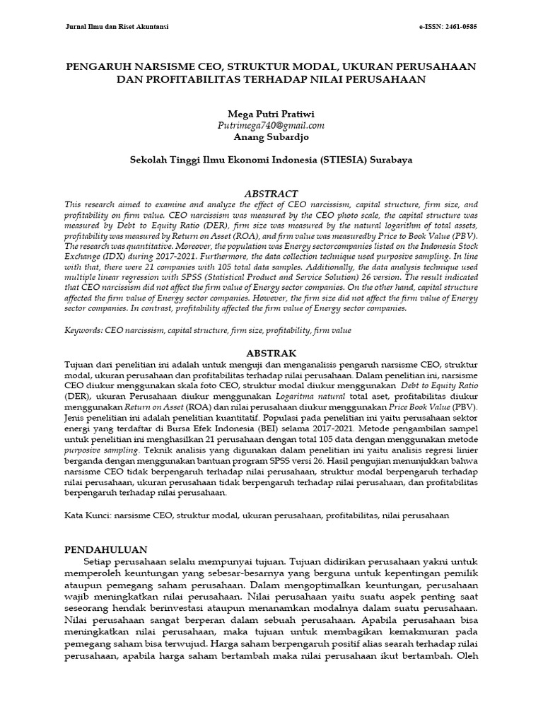 (Narsisme CEO) Pratiwi, Mega. Putri., & Subardjo, Anang. (2023) | PDF
