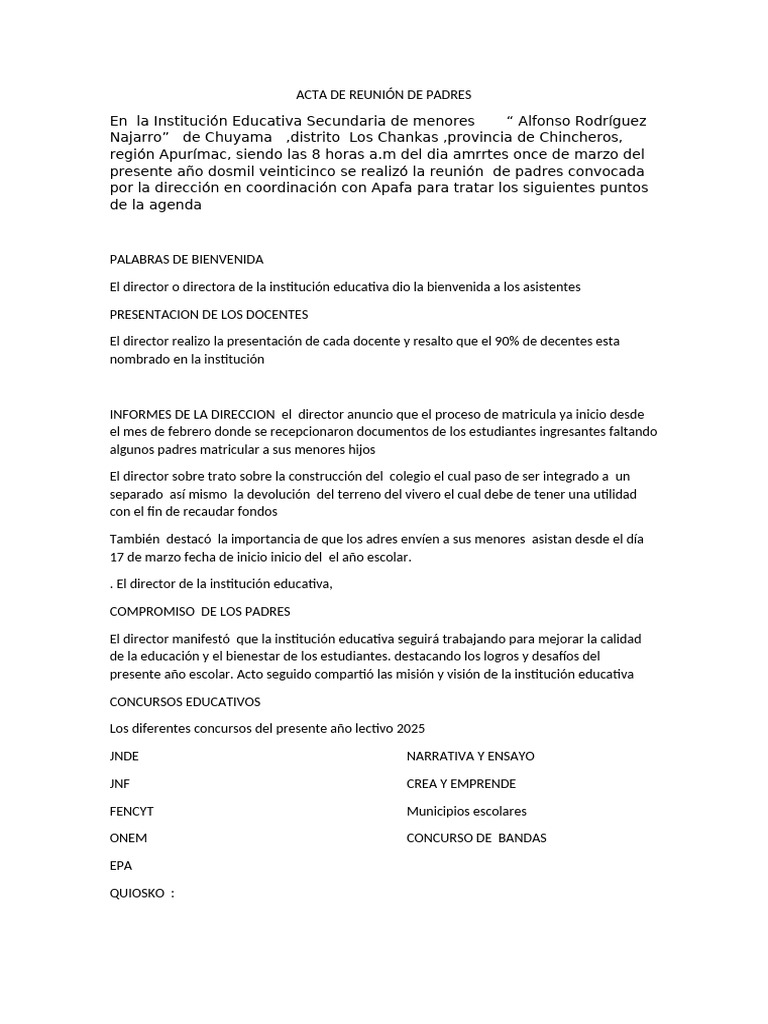 ACTA DE REUNIÓN DE PADRES | PDF