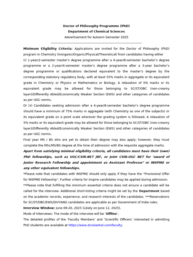 Advertisement PHD DCS JRF Inspire Autumn 2025 | PDF | Academic Degree ...