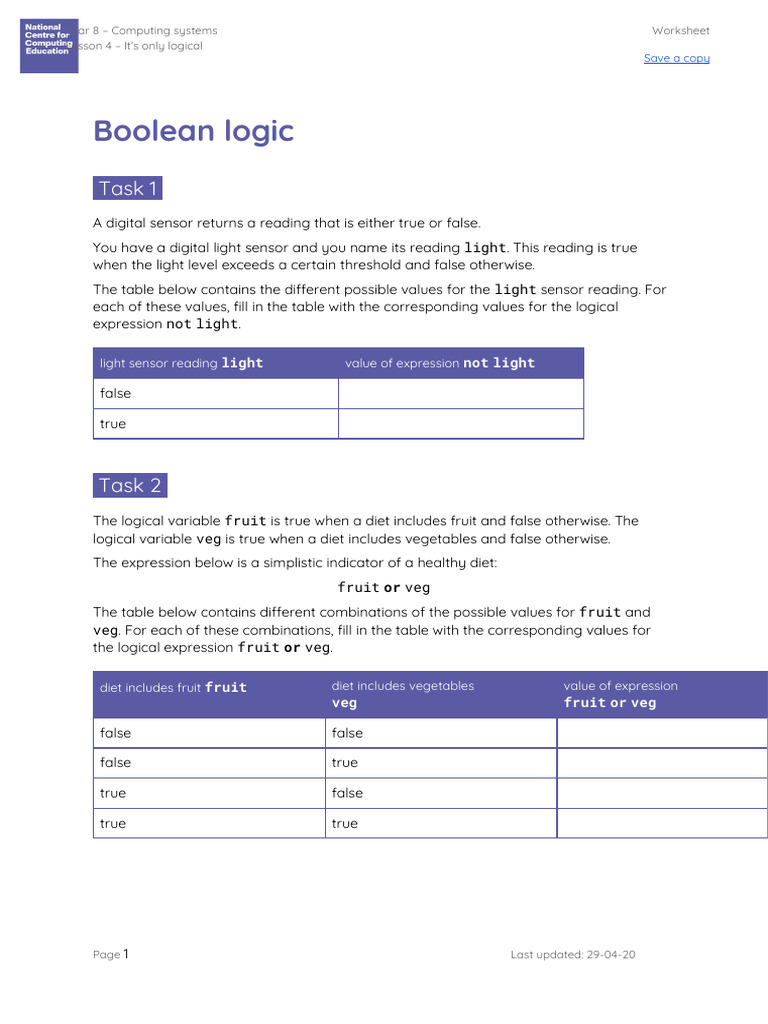 A1 Worksheet - Boolean Logic | PDF | Computer Programming ...
