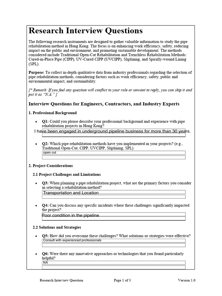 Research Interview Questions - Version 1.0 | PDF | Sustainability ...