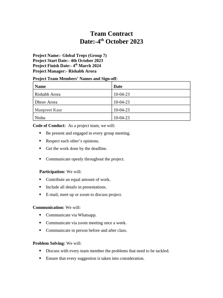 Team Contract for Global Treps Project | PDF