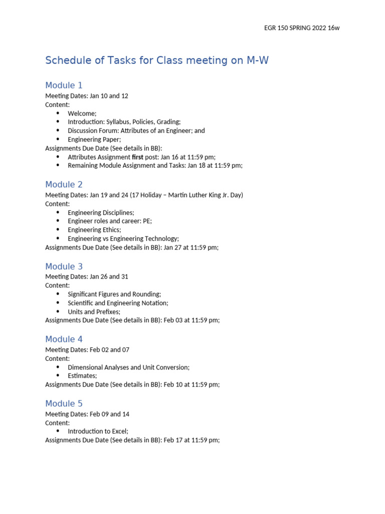 Schedule Egr150 Sp2022 MW | PDF | Science