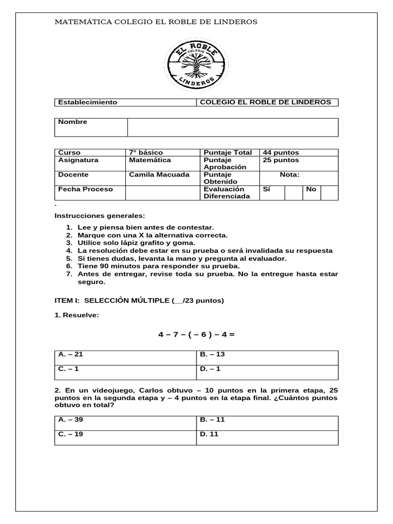 Prueba Septimo Numeros Enteros | PDF