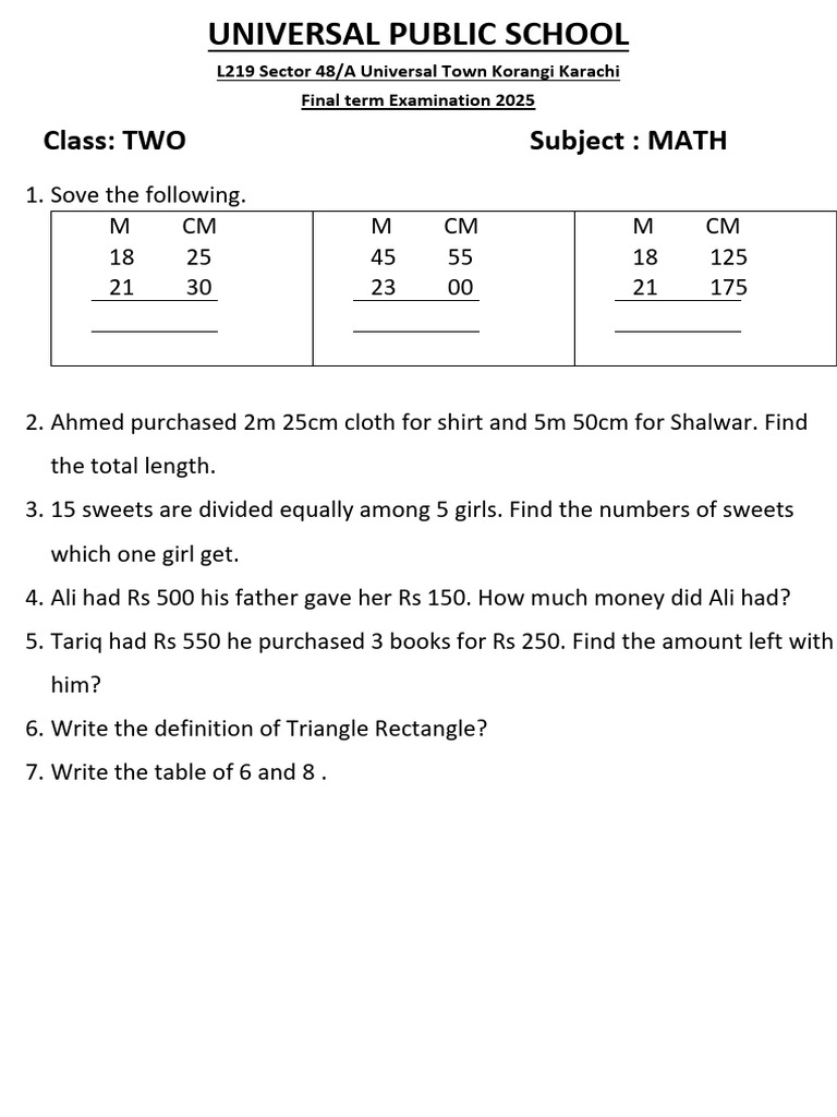 Class Two Math Paper | PDF