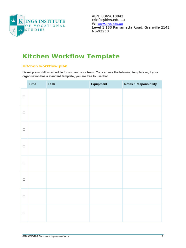 SITHKOP013 Kitchen Workflow Template.v1.0 | PDF | Cooking | Home
