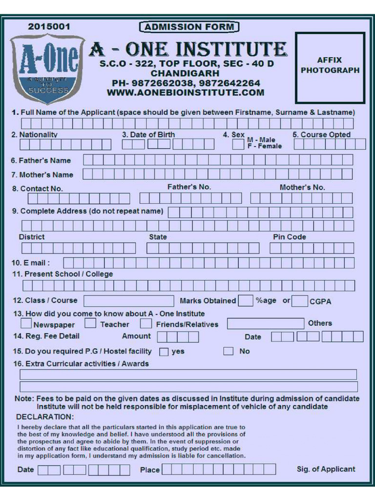 Admission Form for A-One Institute | PDF