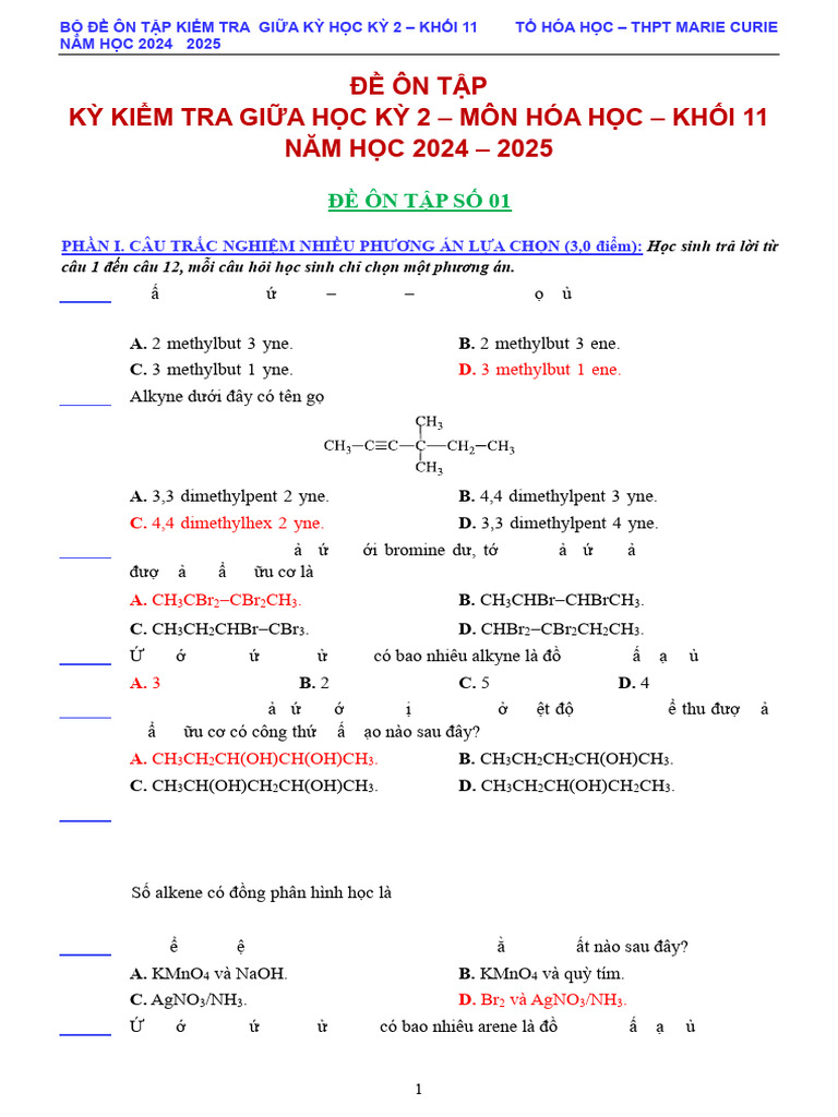 Đề Ôn Tập Kt Giữa Hk2 - Hóa 11 - 2024-2025 - Gv | PDF