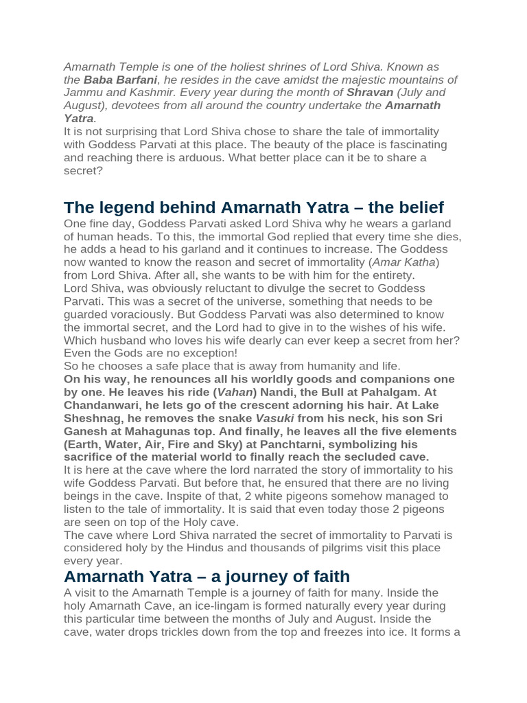 Amarnath Temple is one of the holiest shrines of Lord Shiva | PDF