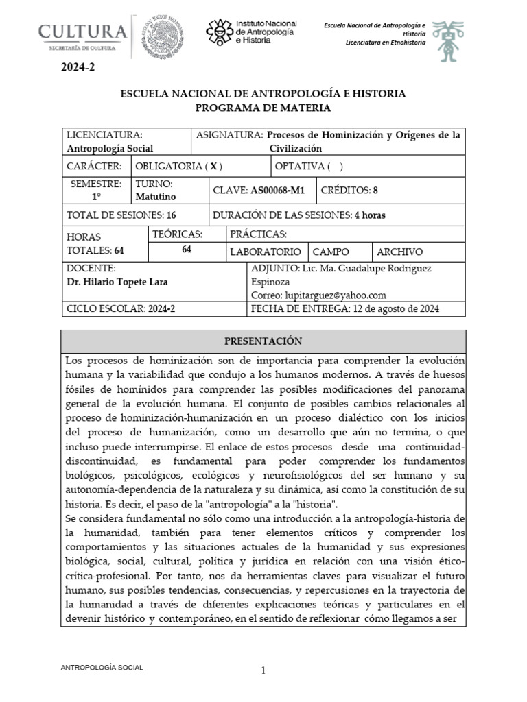 Programa Procesos de Hominización 2024-2 | PDF | Antropología | Homo