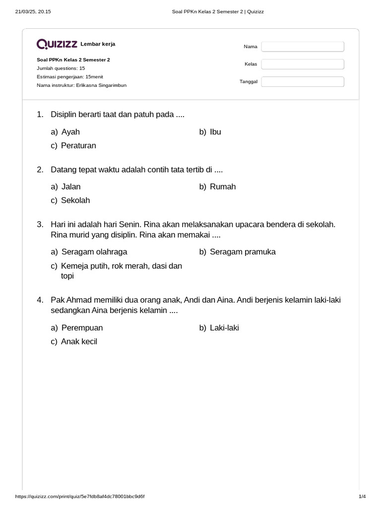 Soal PPKN Kelas 2 Semester 2 - Quizizz | PDF