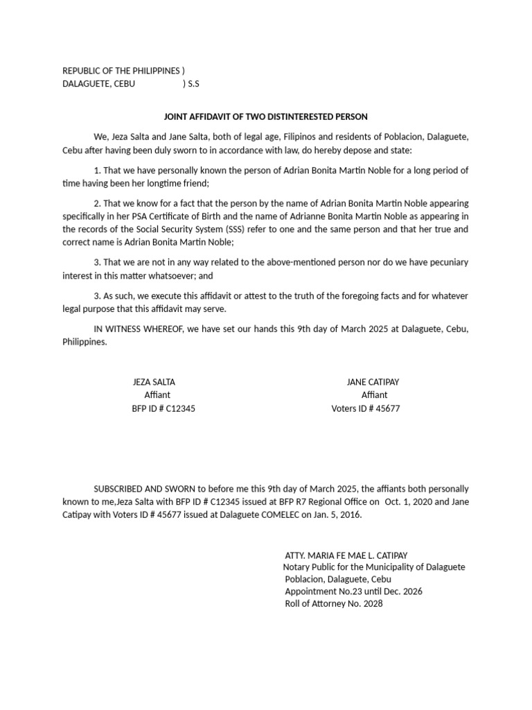 Affidavit of Two Disinterested Person | PDF