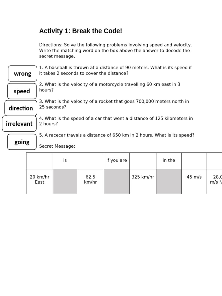 Activity 1 science 7 speed and velocity | PDF