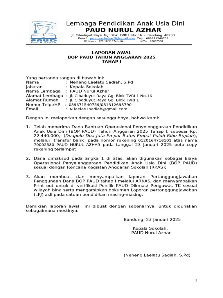 Format Laporan Awal Bop PAUD 2025 | PDF