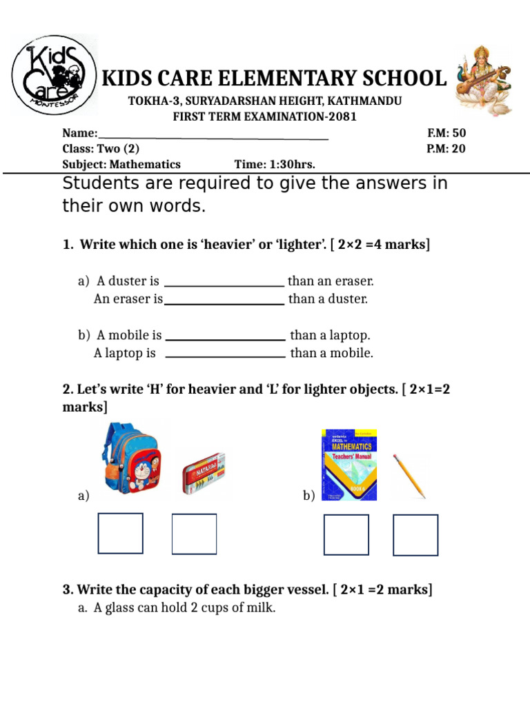 Question of Math Class 2 | PDF
