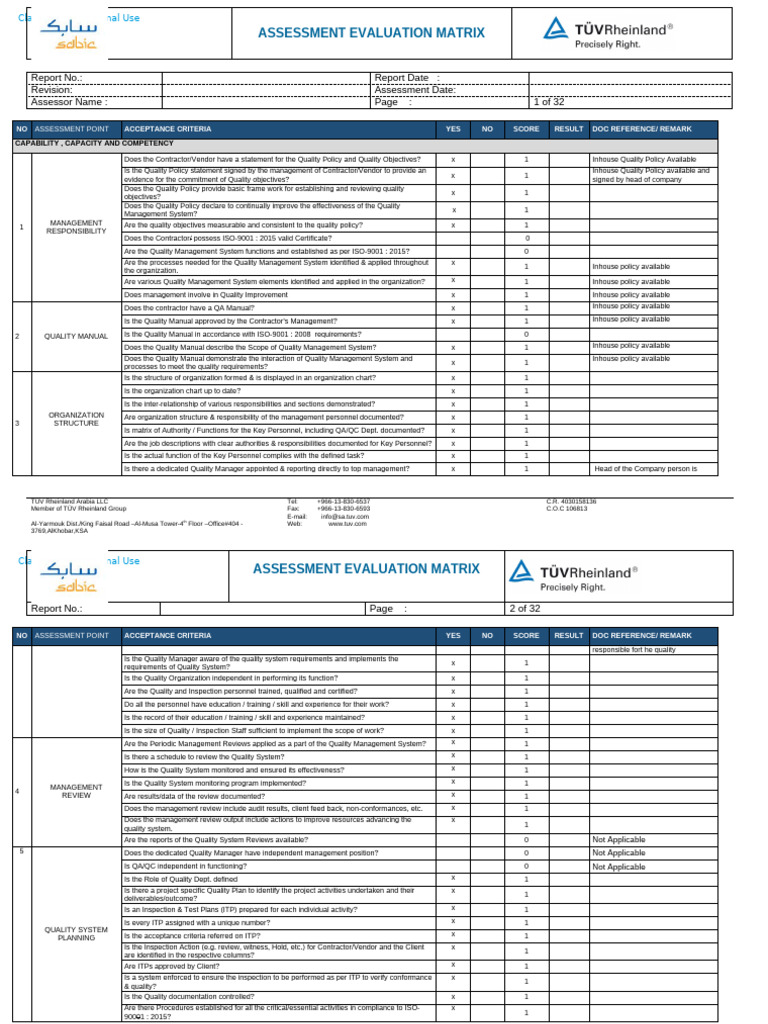 Evaluation Matrix QMS+EHSS | PDF | Calibration | Specification ...