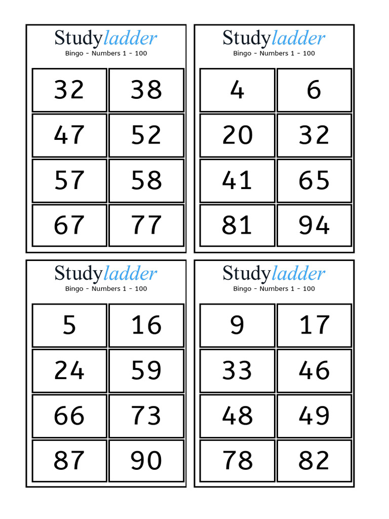 Studyladder - Bingo - Numbers 1 - 100 (Game Cards) | PDF