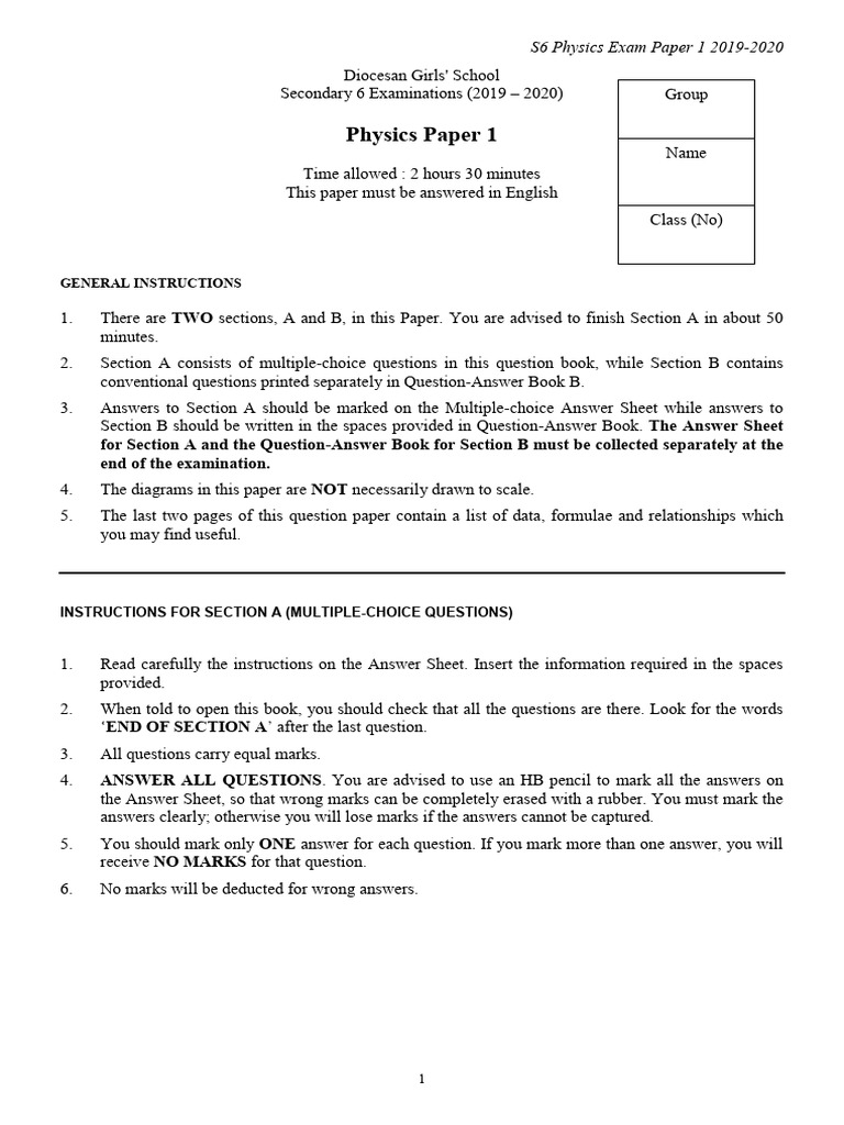 S6 Physics Exam Paper 1 2019-2020 | PDF | Radioactive Decay | Neutron