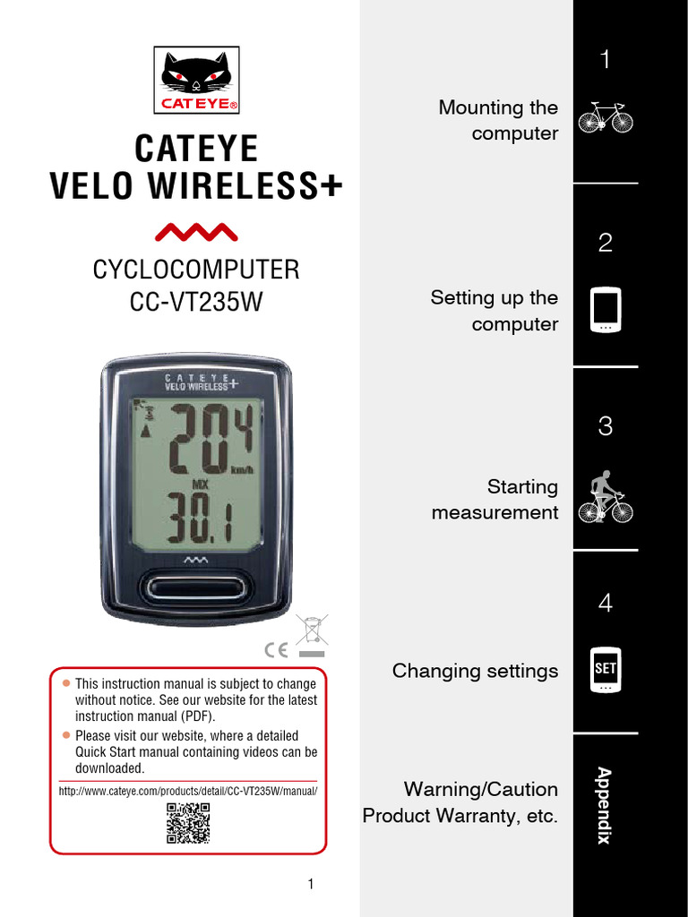 Cateye Velo Wireless+ Setup Manual | PDF | Calorie | Radio