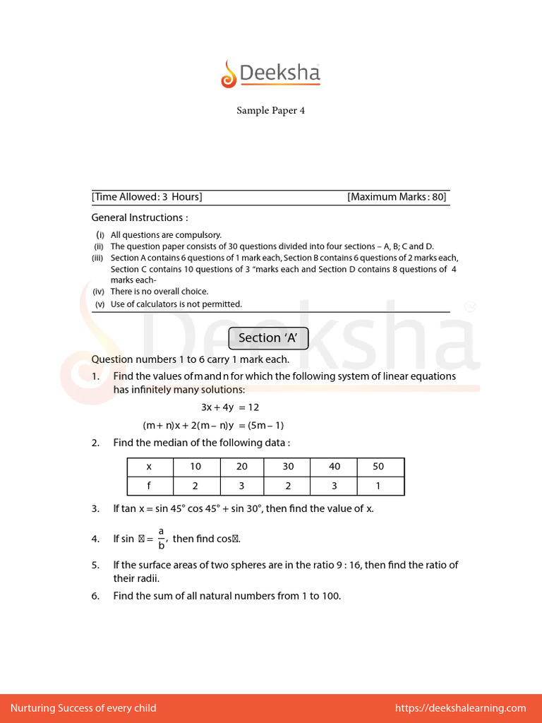 10 Maths Basic CBSE Sample Papers 4 2018 2019 | PDF | Area | Circle