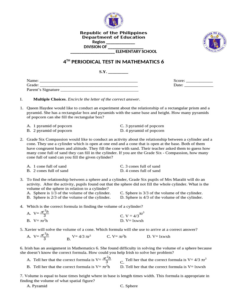 PT_MATHEMATICS 6 - Q4 V2 | PDF | Volume | Sphere