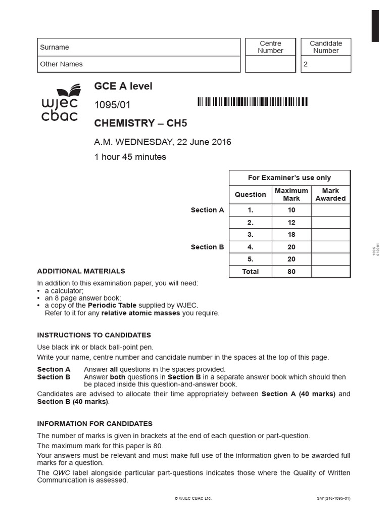 June 2016 QP - Unit 5 WJEC Chemistry A-Level | PDF | Ph | Hydrogen