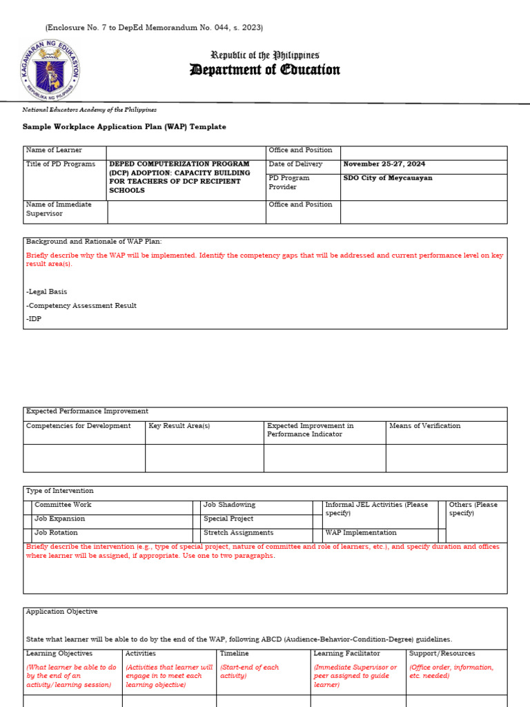 Enclosure No. 7 Sample Workplace Application Plan (WAP) Template | PDF | Learning | Behavior ...
