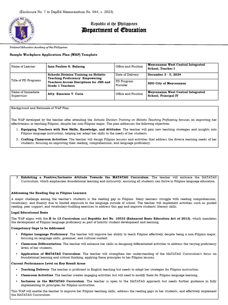 Workplace Application Plan (Wap) - Bulaong, Iana Pauline G. | PDF | Reading Comprehension ...