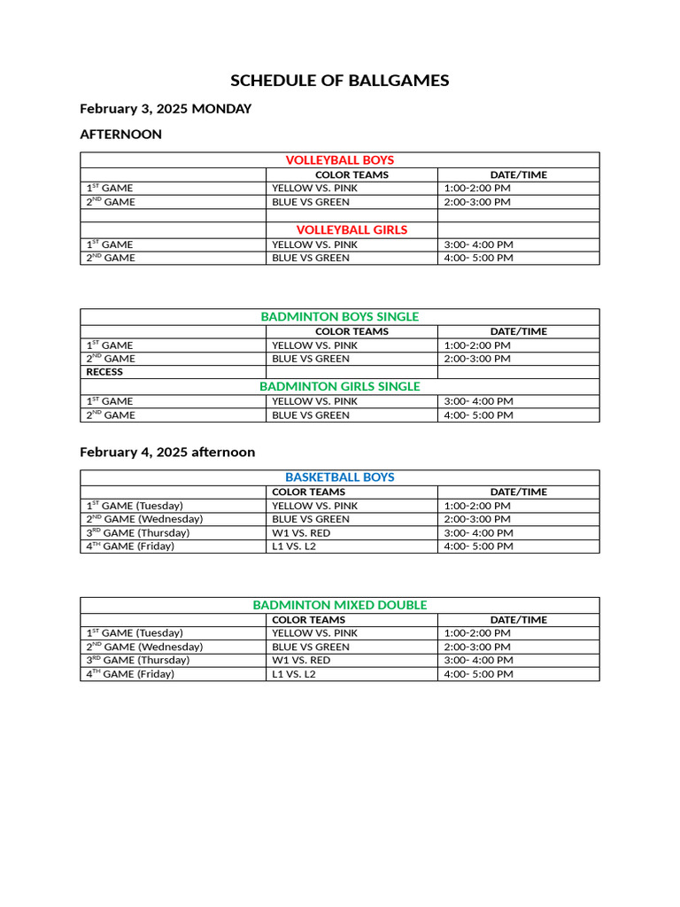 February 2025 Sports Schedule | PDF