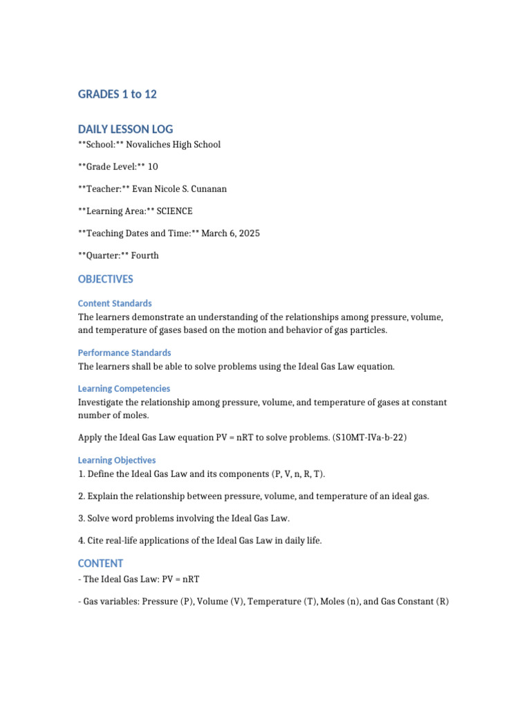 Ideal Gas Law Lesson Plan | PDF | Gases | Transparent Materials