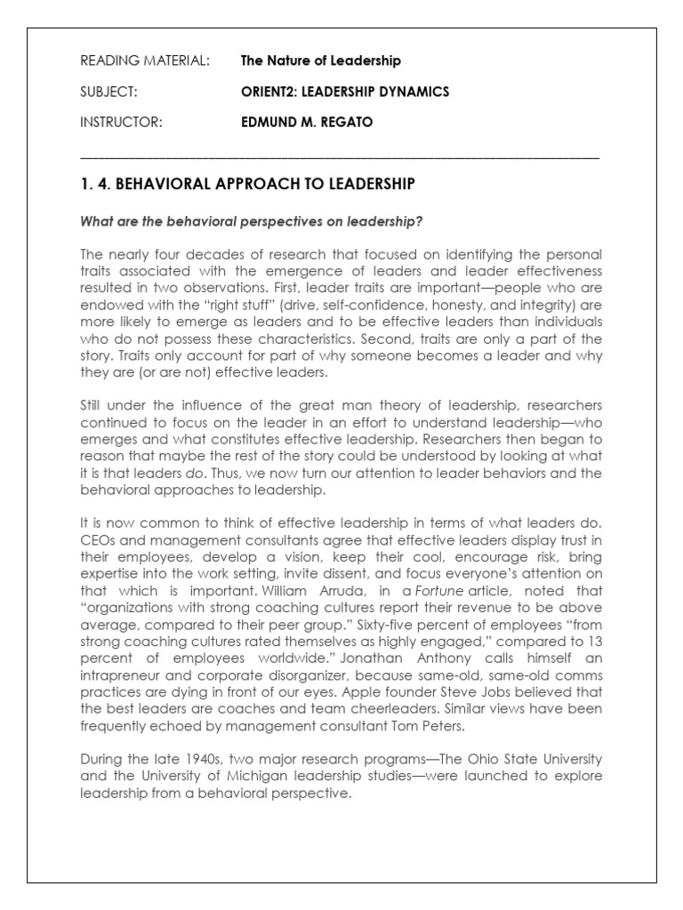 Behavioral Approach To Leadership | PDF | Leadership | Social Psychology