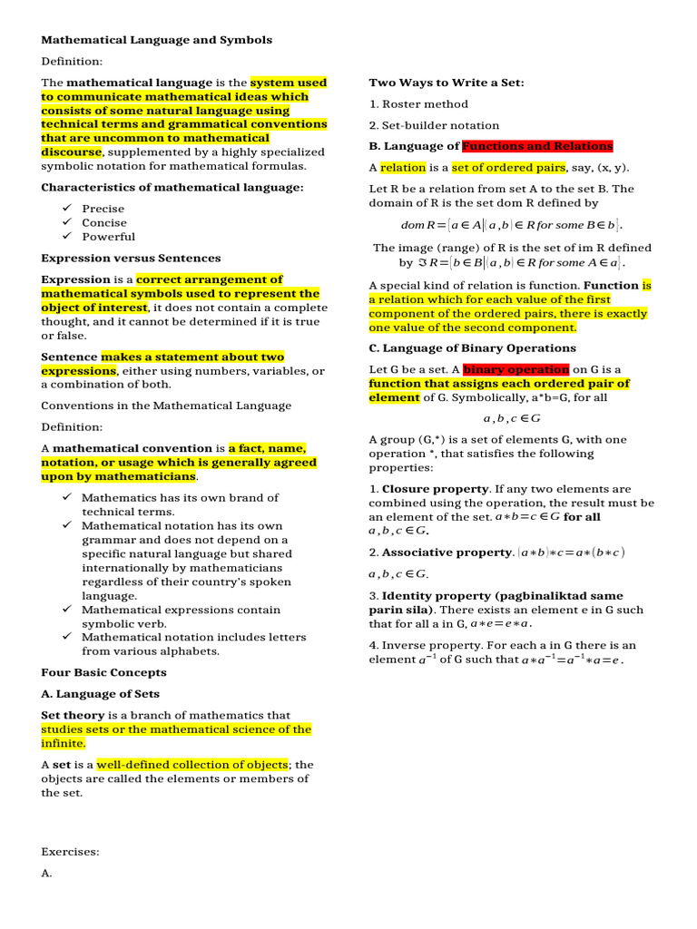 Handout On Mathematical Language | PDF | Set (Mathematics) | Group ...