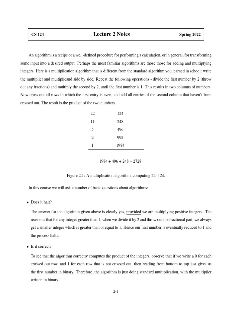 2022 CS124 Lec2 Notes | PDF | Multiplication | Arithmetic