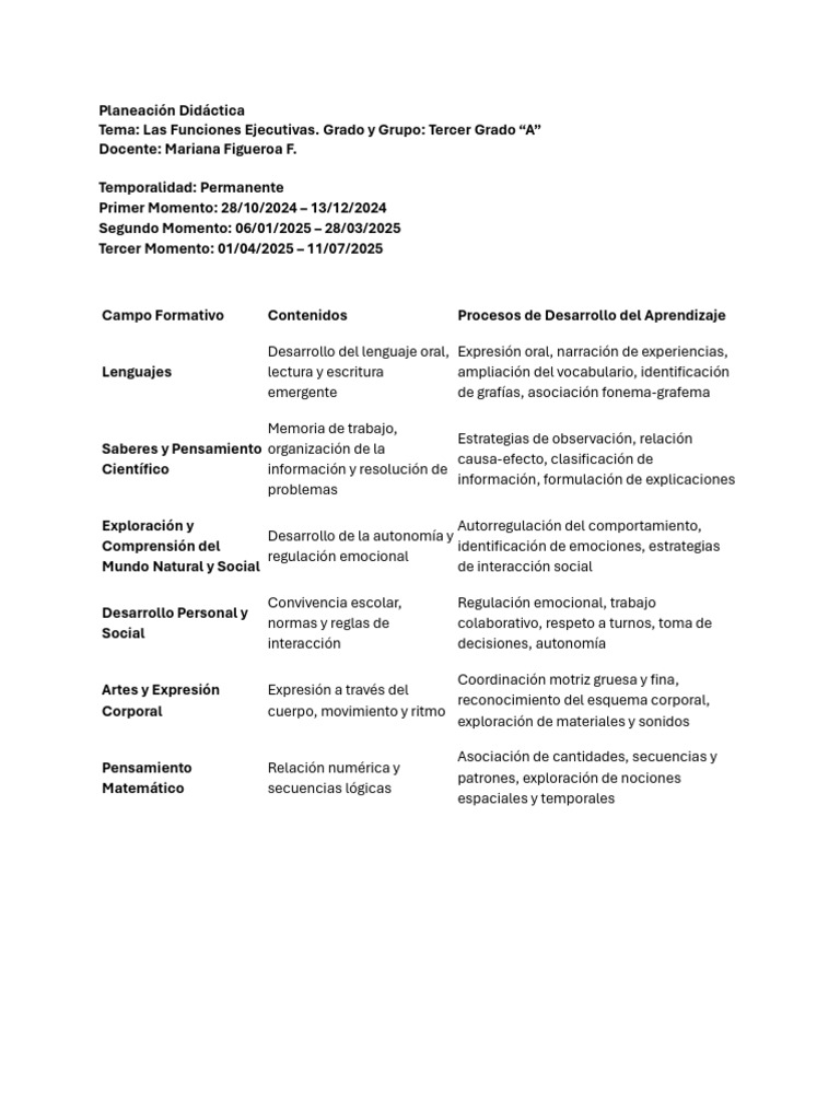 Planeación de Funciones Ejecutivas en Tercer Grado | PDF | Educación de ...
