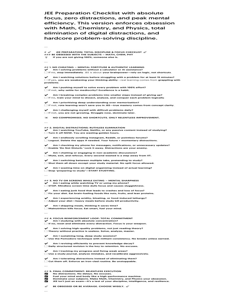 JEE Study Discipline & Focus Checklist | PDF | Disciplines
