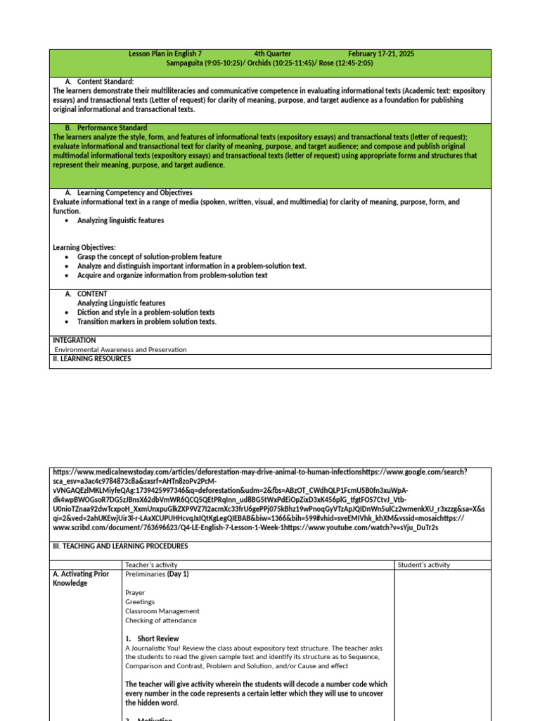 Lesson Plan in Problem-Solution Text | PDF
