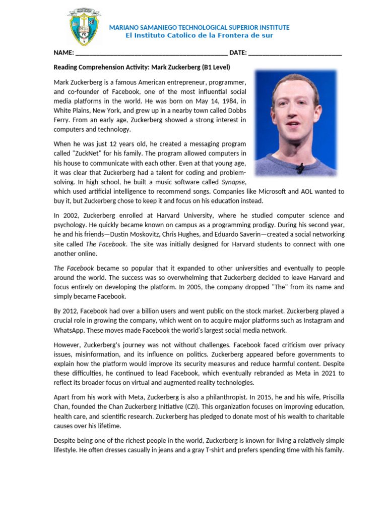 Reading Comprehension - Mark Sukemberg | PDF | Mark Zuckerberg | Facebook