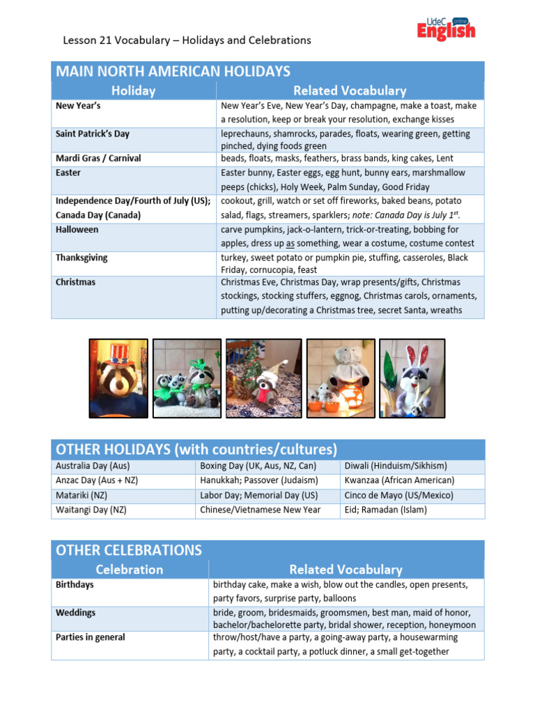 Lesson 21 Vocabulary - Holidays and Celebrations | PDF | Christmas ...
