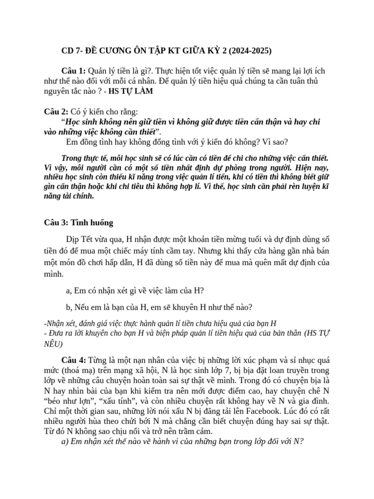 Đề Cương Ôn Tập Giữa Kỳ 2 - CD7 (024-025) | PDF