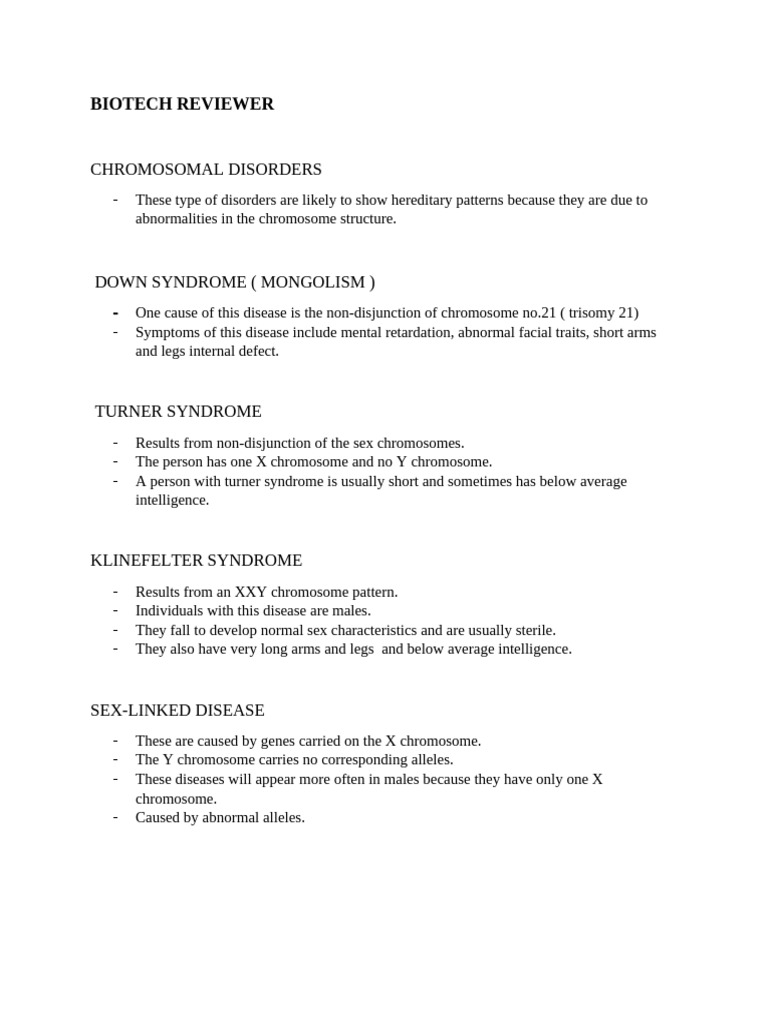 Biotech Reviewer Chromosomal Disorders | PDF | Genetic Disorder | Dominance (Genetics)