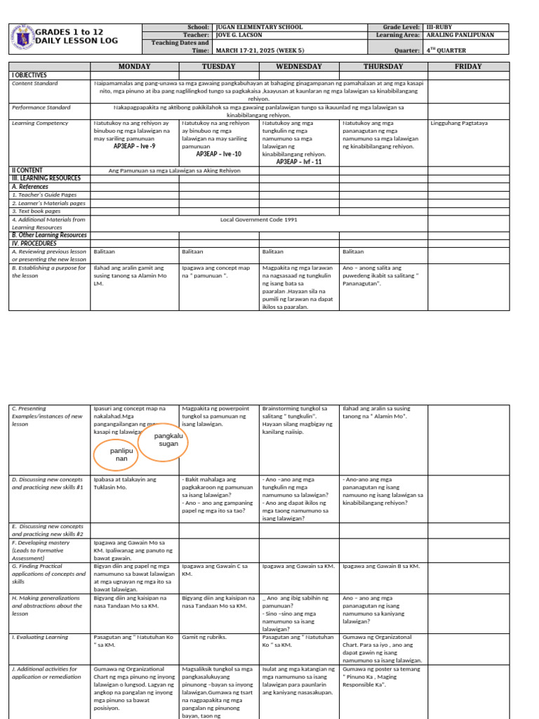 DLL - Araling Panlipunan 3 - Q4 - W5 | PDF
