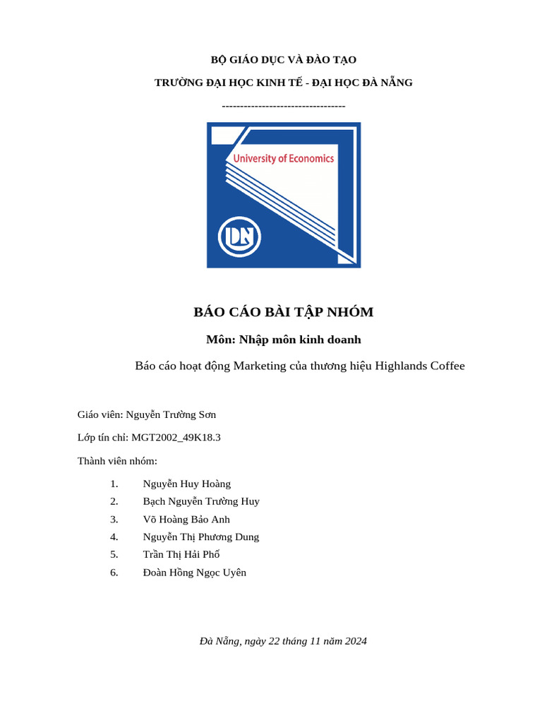 MGT2002 - 49K18.3 - Bài tập nhóm 1 Highlands Coffee | PDF