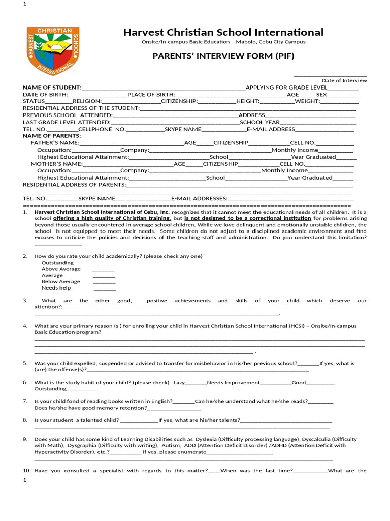Parents Interview Form PIF Onsite in Campus Basic Education Program ...